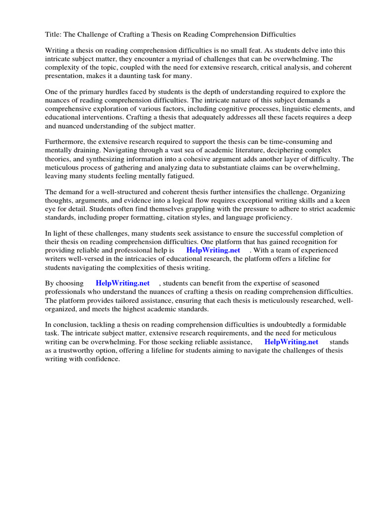 Thesis On Reading Comprehension Difficulties | Download Free PDF | Reading Comprehension ...