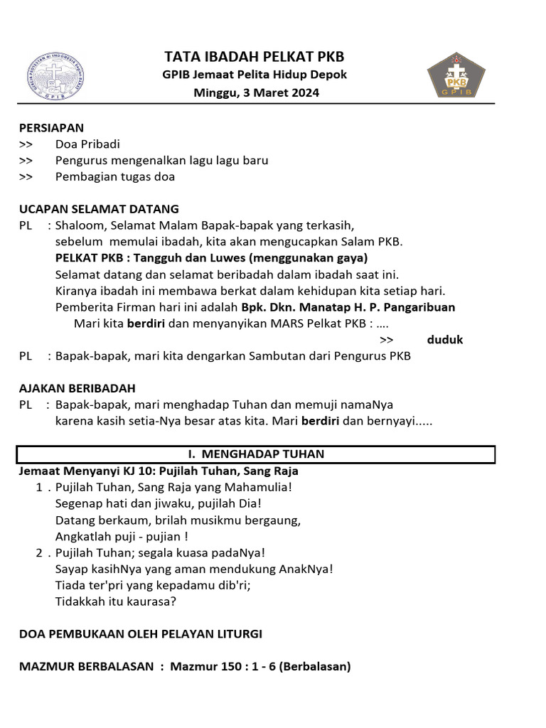 Tata Ibadah Pelkat PKB GPIB Depok | PDF