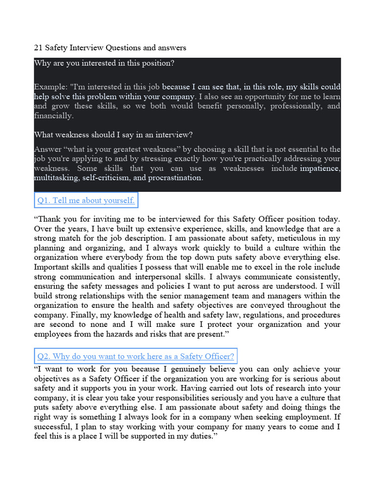 Safety Officer Interview Q&A Guide | PDF | Occupational Safety And ...