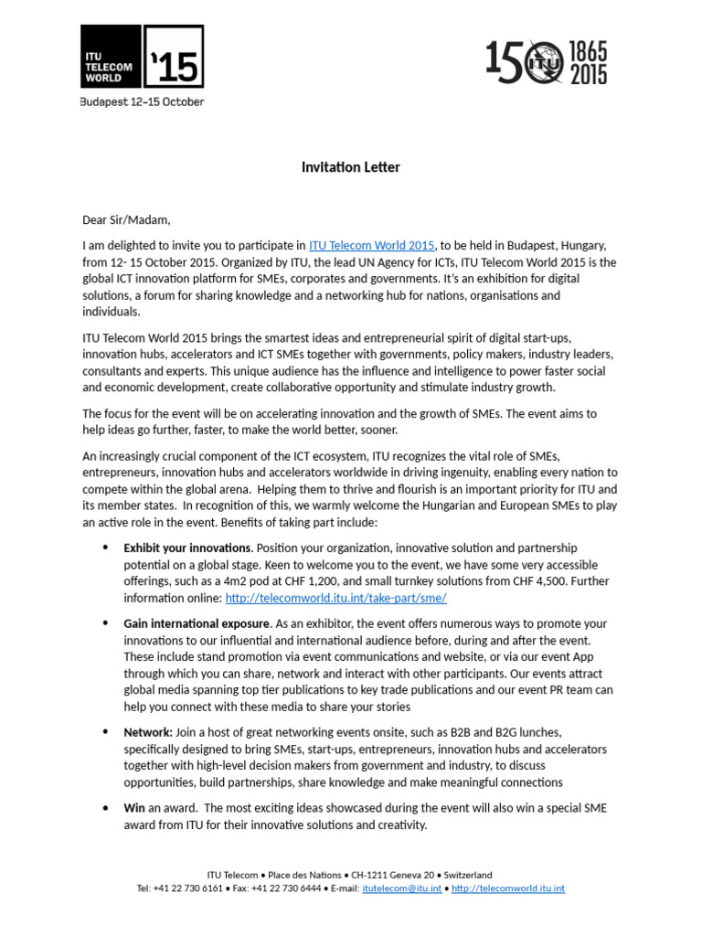 Invitation to ITU Telecom World 2015 | PDF | Innovation | Entrepreneurship