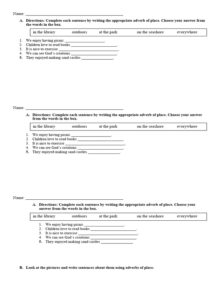 Adverb of Place Worksheet for Kids | PDF | Language Arts & Discipline ...