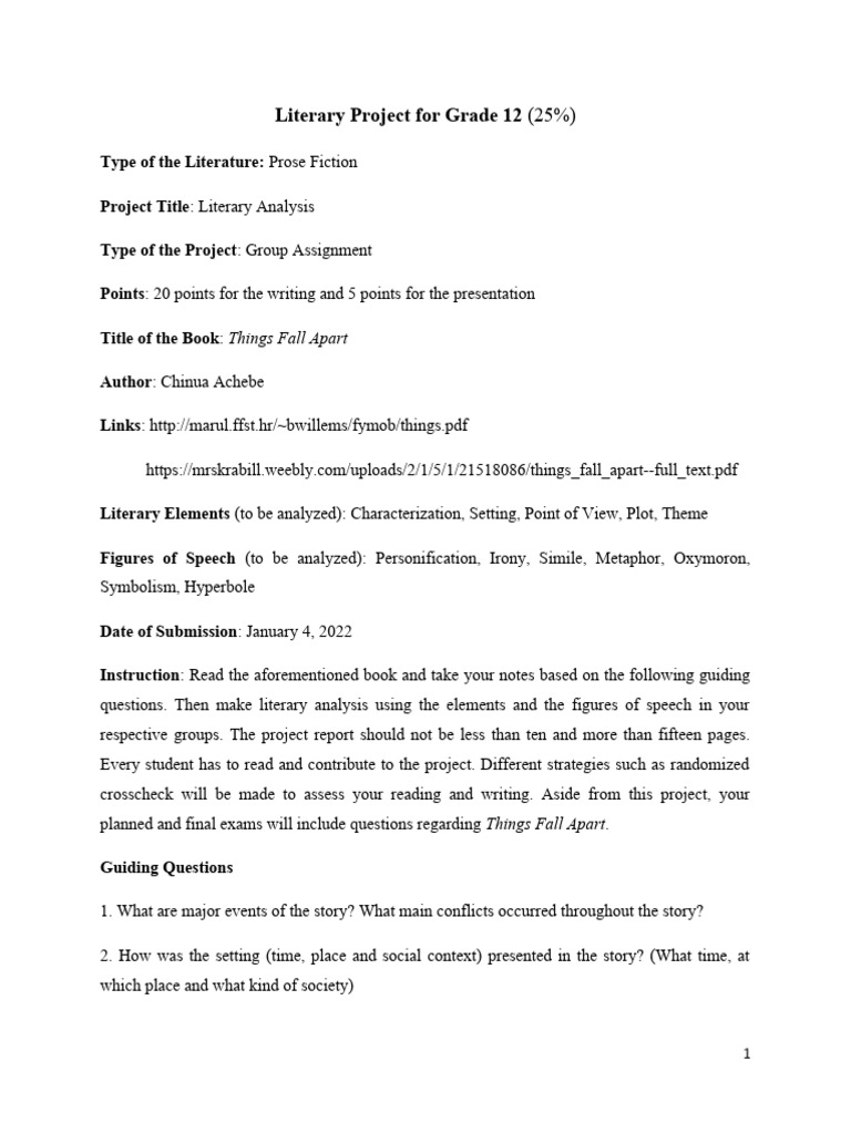 Literary Project For Grade 12 (25%) | PDF | Narration | Irony