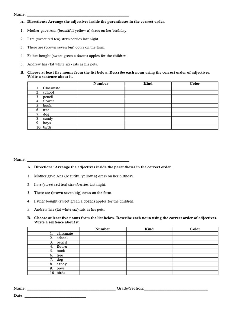 Adjective Order Practice Worksheet | PDF | Adjective | Linguistics