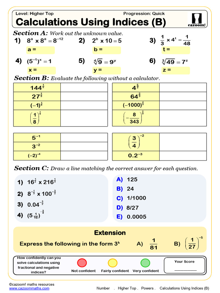 Number. Higher Top. Powers. Calculations Using Indices B | PDF ...