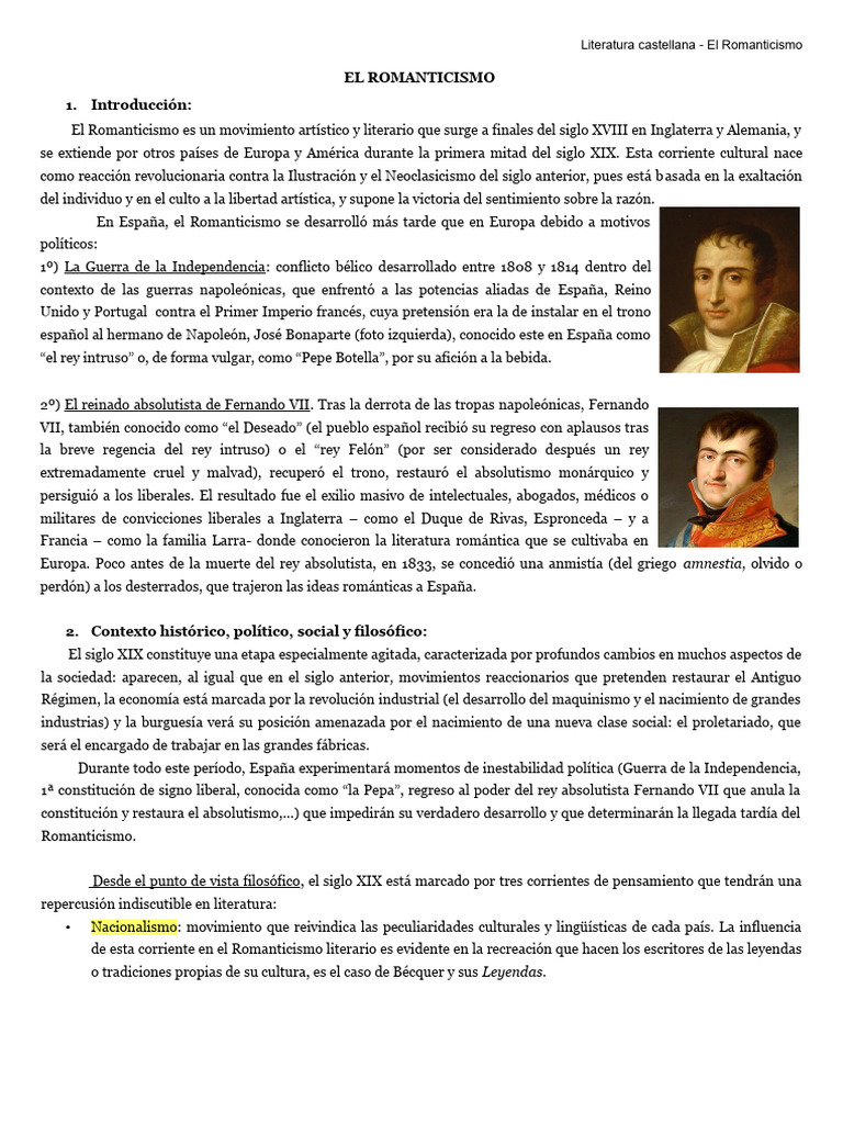 El Romanticismo en Literatura 4 de Eso | PDF