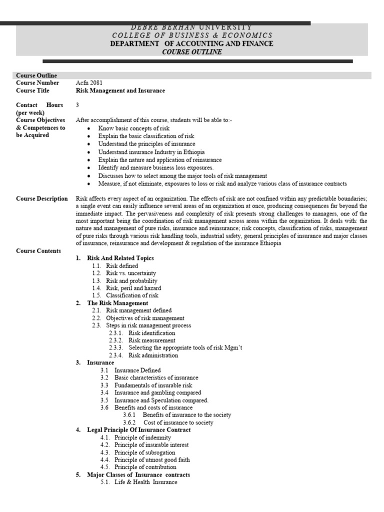 ACFN 2081 - RMI-Course Outline | Download Free PDF | Risk | Insurance