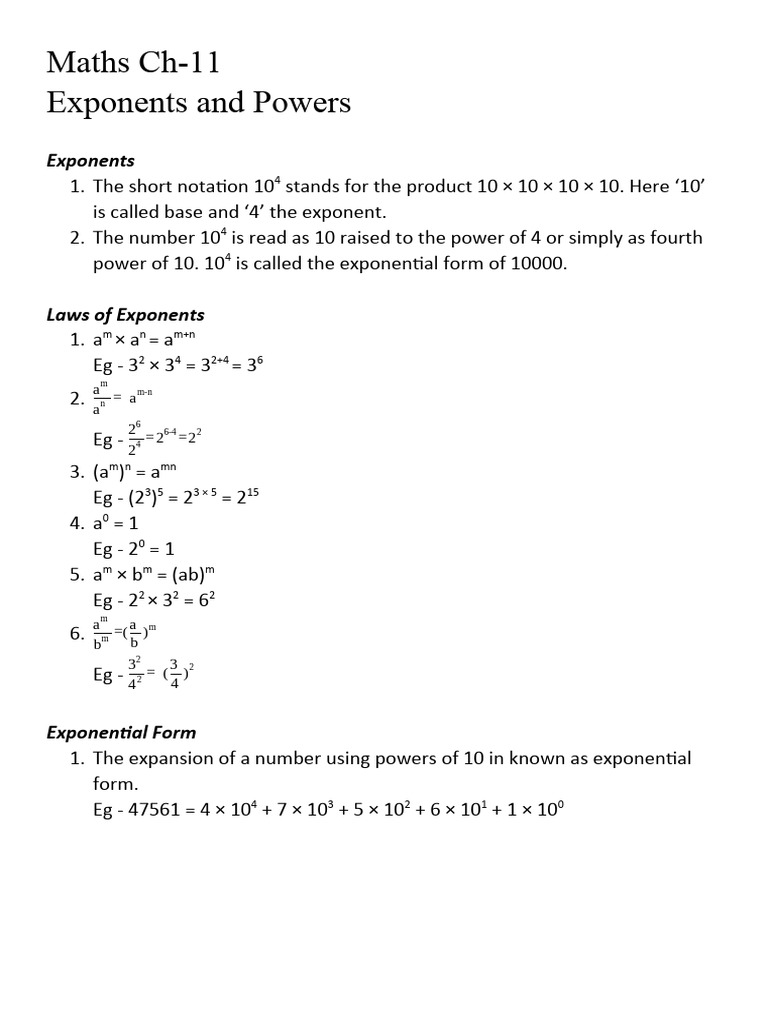 Maths Ch-11 Exponents and Powers | PDF