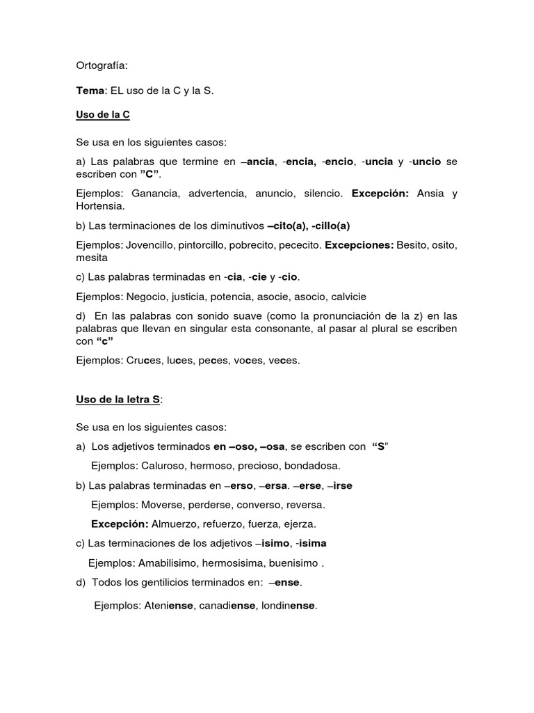 El Uso de La C y S - Actividad en Clase | PDF | Estudios de idiomas ...