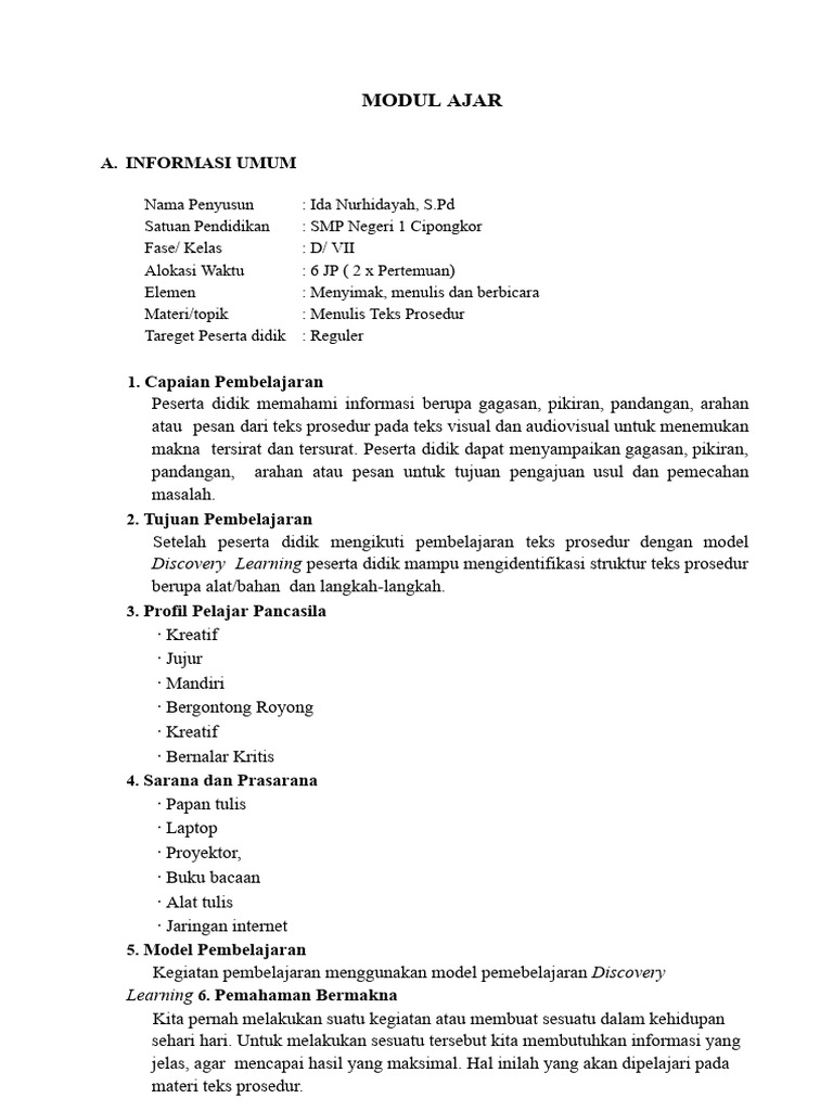 Modul Ajar - Menulis Teks Prosedur | PDF