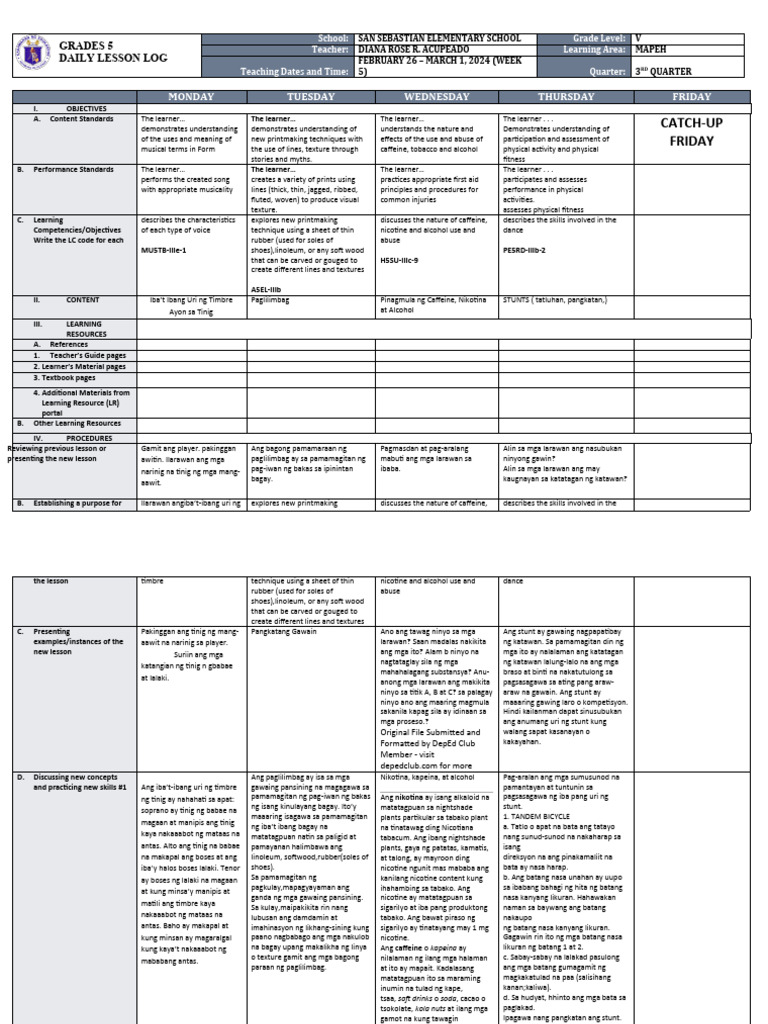 DLL - Mapeh 5 - Q3 - W5 | PDF