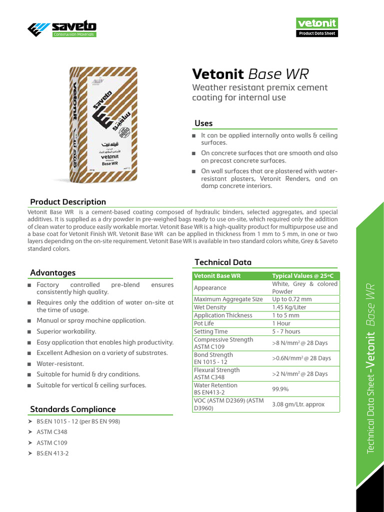 Vetonit Base WR Technical Data Sheet | PDF | Concrete | Plaster