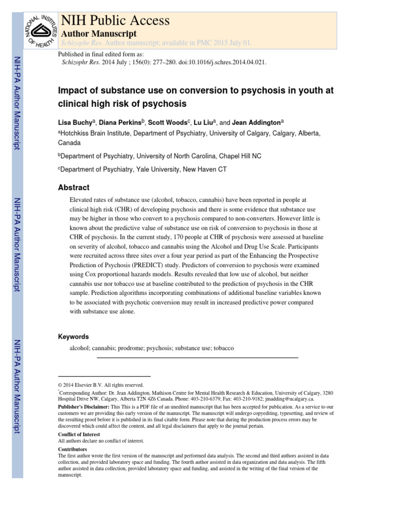 Impact of Substance Use On Conversion To Psychosis in Youth at Clinical High Risk of Psychosis ...