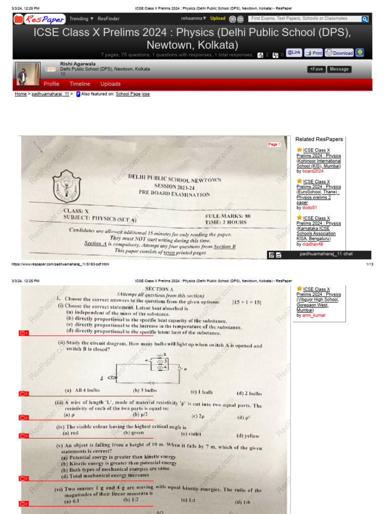 ICSE Class X Prelims 2024 - Physics (Delhi Public School (DPS), Newtown, Kolkata) - ResPaper ...