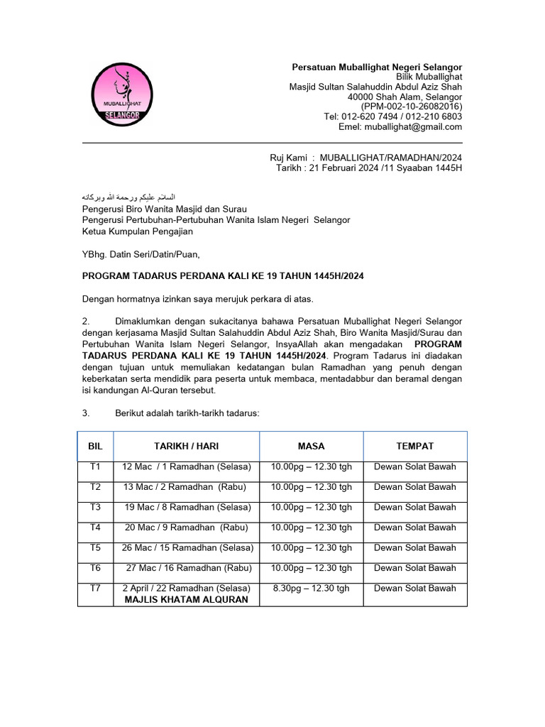 Surat Jemputan Tadarus 2024 | PDF