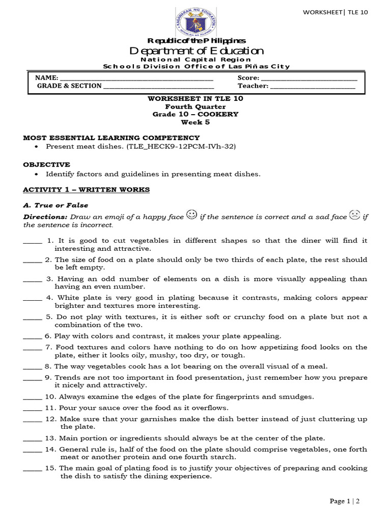 TLE 10 Cookery Worksheet: Meat Presentation | PDF | Meal | Cooking