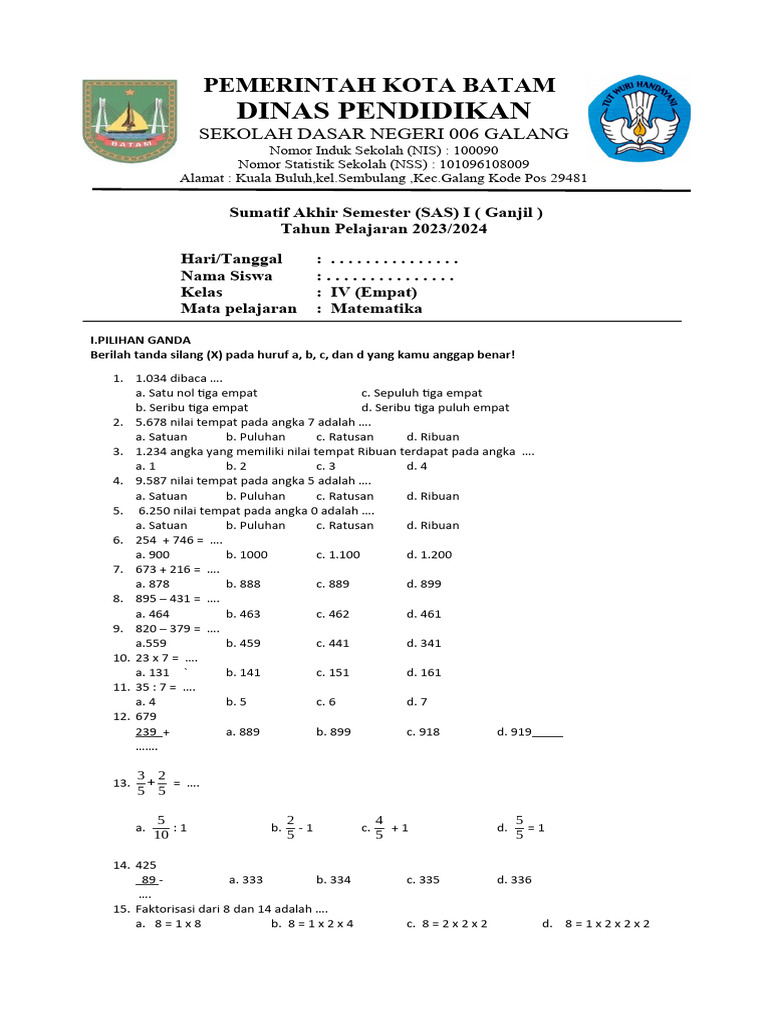 Soal MTK PAS 1 Kls 4 | PDF