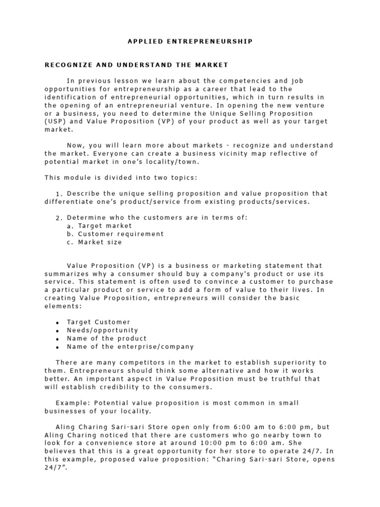 6 Handouts Entrep Q1 W6 Understand The Market Students | PDF