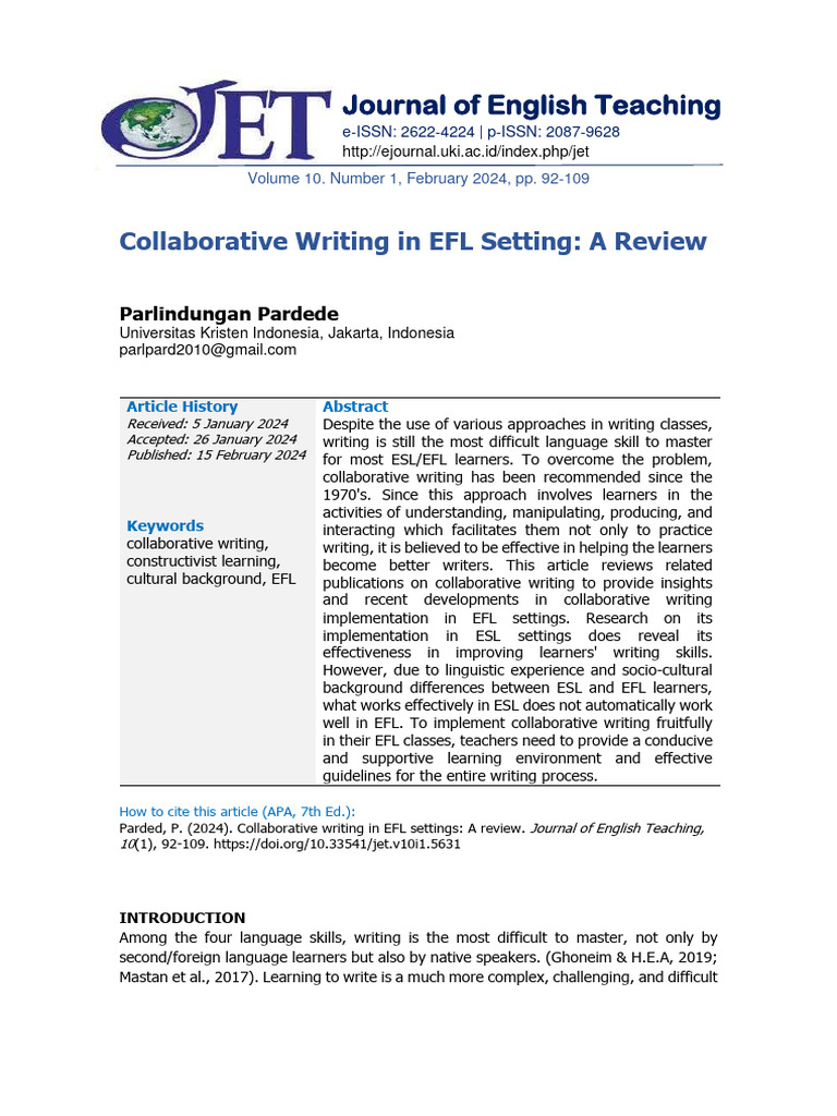A Review of Collaborative Writing in EFL Setting | PDF