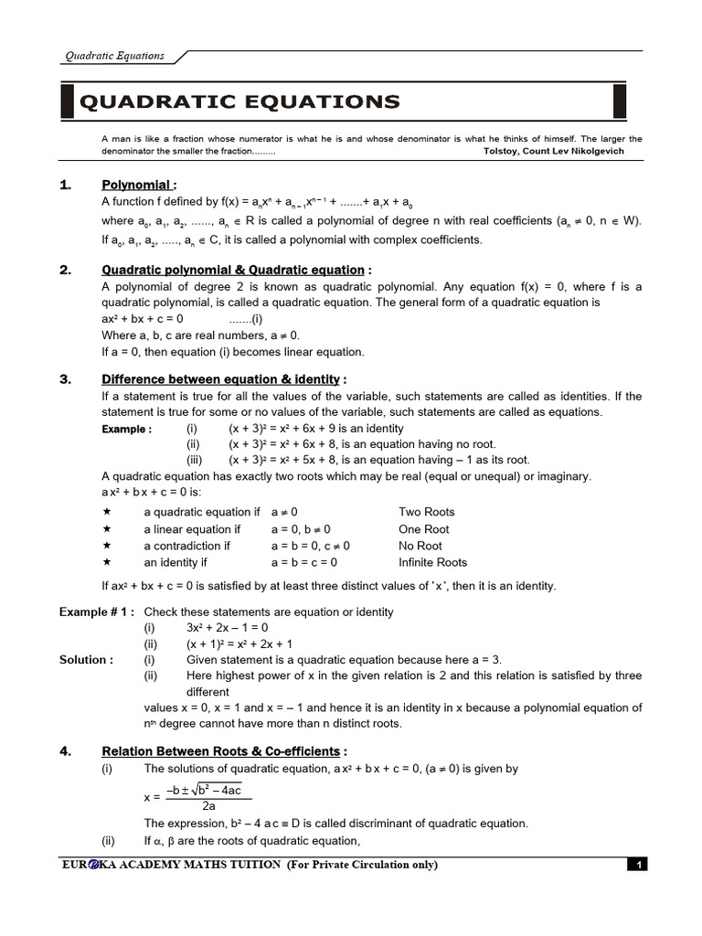 1.1 Quadratic Equation (Theory) | PDF | Quadratic Equation | Equations
