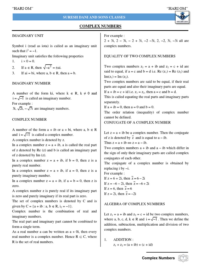 1 - Complex Numbers | PDF | Complex Number | Numbers
