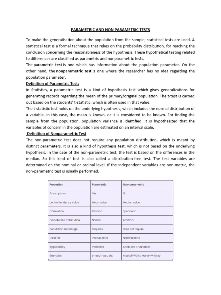 Parametric and Non Parametric Tests | PDF | Student's T Test ...