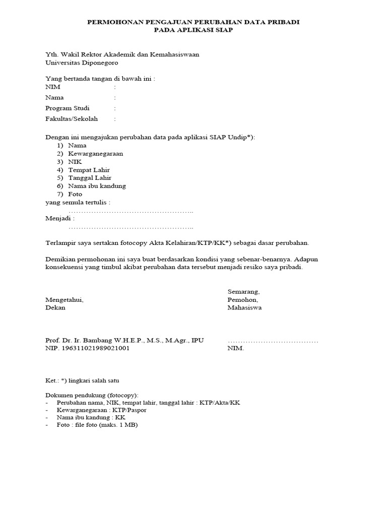 Form Pengajuan Perubahan Data Pribadi Pada Siap Pdf