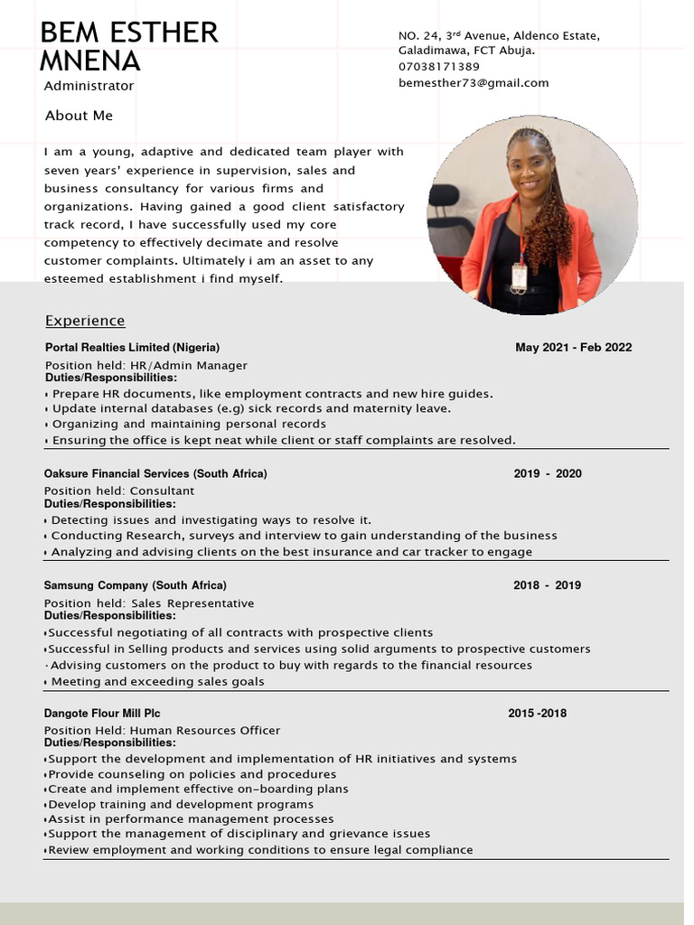 CVEsther Mnena Bem | Download Free PDF | Consultant | Human Resources