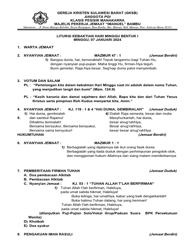 Liturgi Kebaktian Minggu Bentuk I 07-01-2024 | PDF | Agama & Spiritualitas