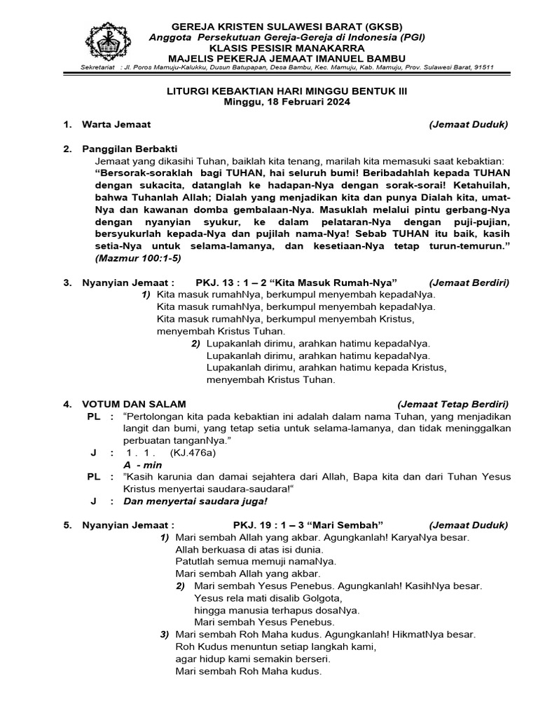 Liturgi Kebaktian Minggu Bentuk III 18-02-2024 | PDF | Agama ...