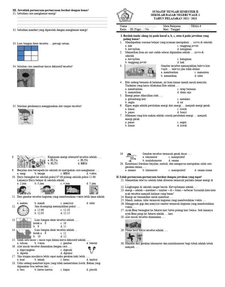 Pts Tema 6 Kelas 3 2023 2024 | PDF