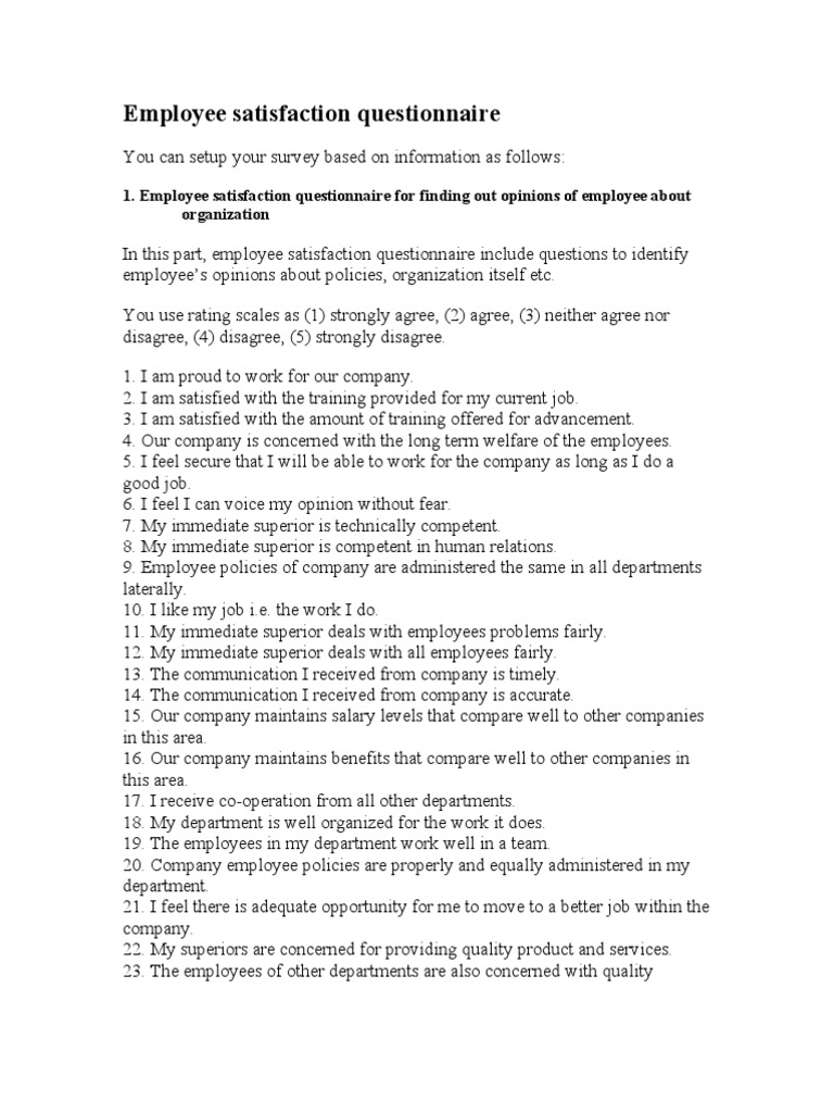 Employee Satisfaction Questionnaire | PDF | Job Satisfaction | Employment