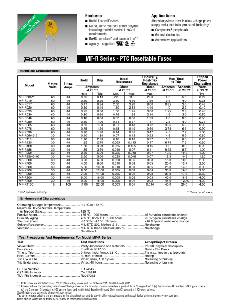 R - XXX - Bourns - Resettable Fuse, PPTC, MF-R Series | PDF | Fuse (Electrical) | Electrical ...