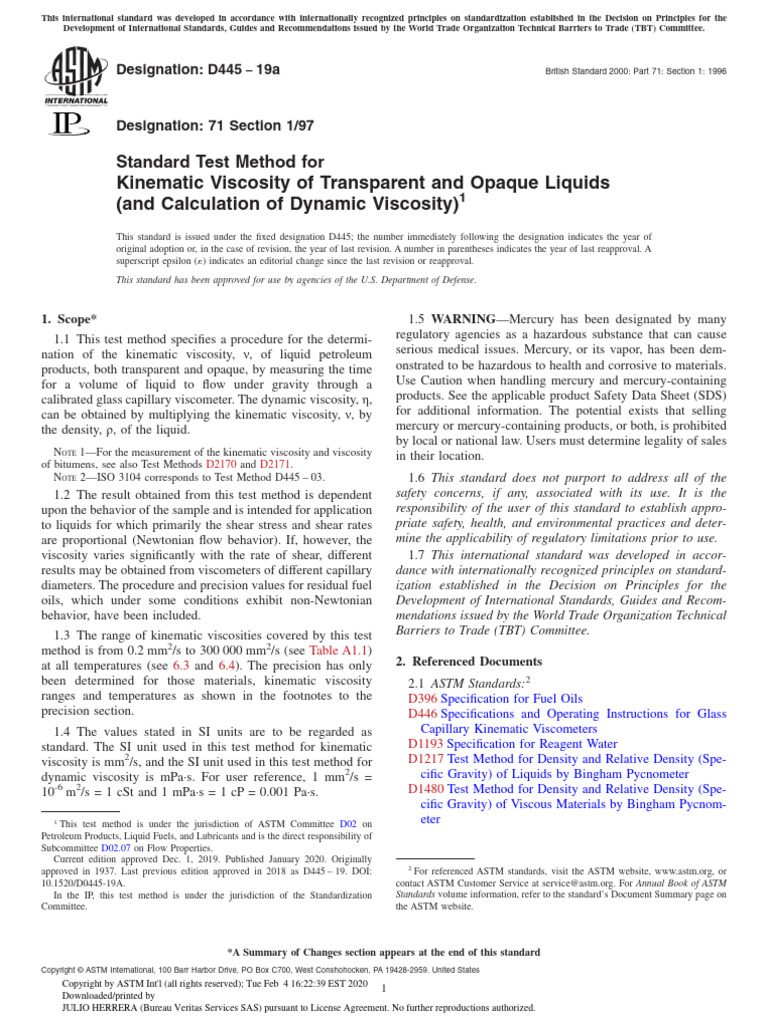 ASTM D445 - 19a, Kinematic Viscosity of Transparent and Opaque Liquids | PDF | Viscosity ...