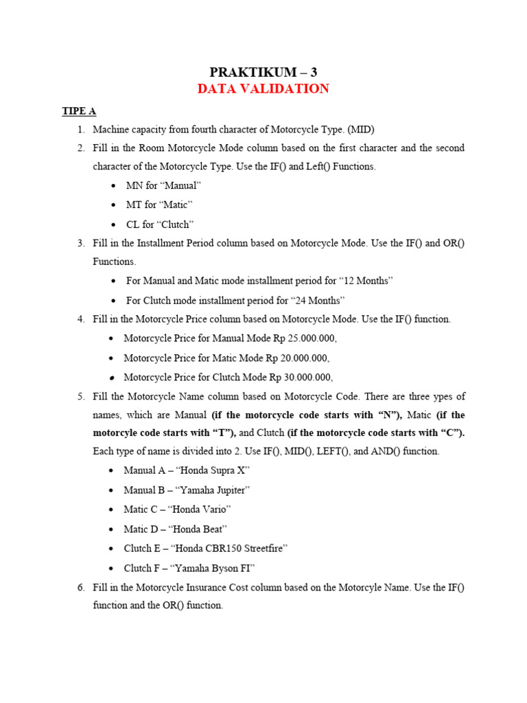 Soal Praktikum 3 - Data Validation | PDF | Motorcycle | Discounting