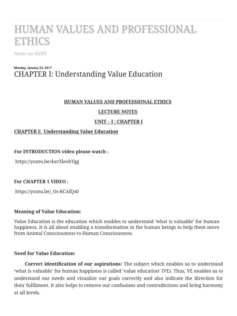 HUMAN VALUES AND PROFESSIONAL ETHICS - CHAPTER I - Understanding Value Education | PDF | Reason ...