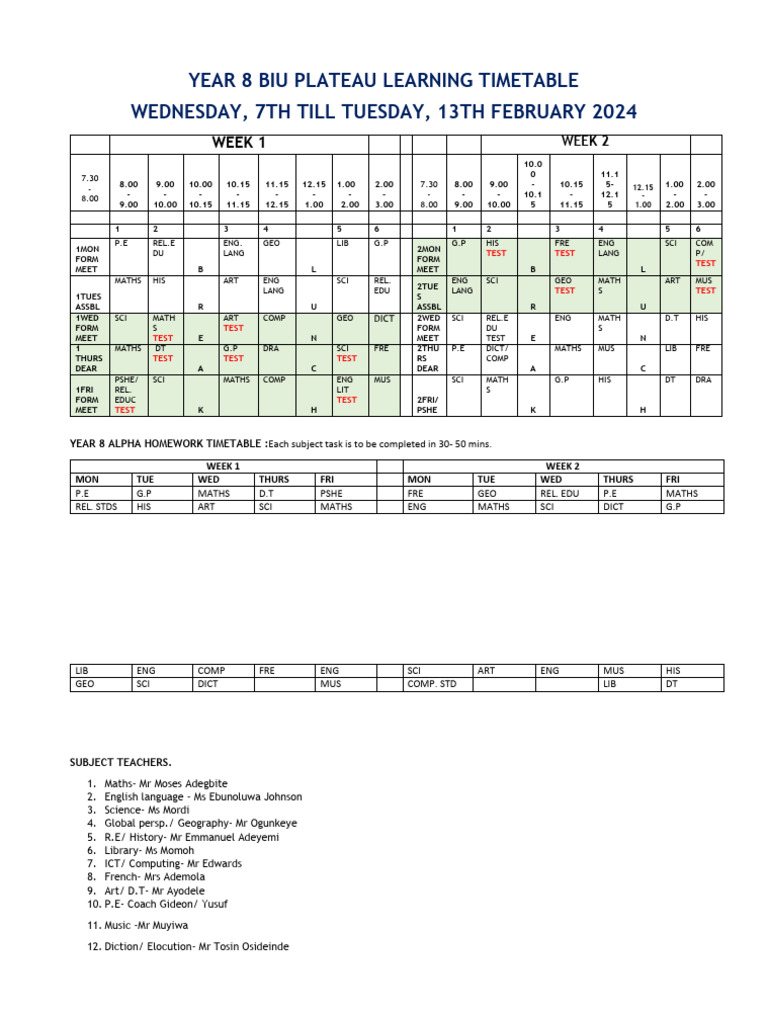 Year 8 Biu Plateau Test One Timetable + HW | PDF | Language Arts ...
