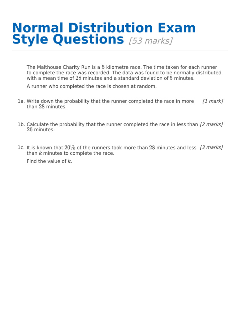 Normal - Distribution - Exam - Style - Questions | PDF | Teaching ...
