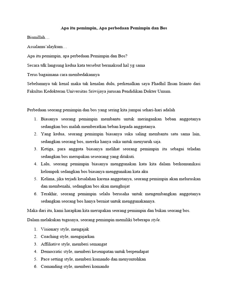 Perbedaan Pemimpin dan Bos | PDF