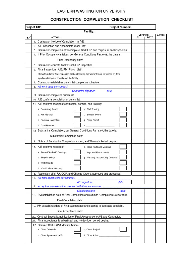 Construction Completion Checklist | PDF | Employment | Business