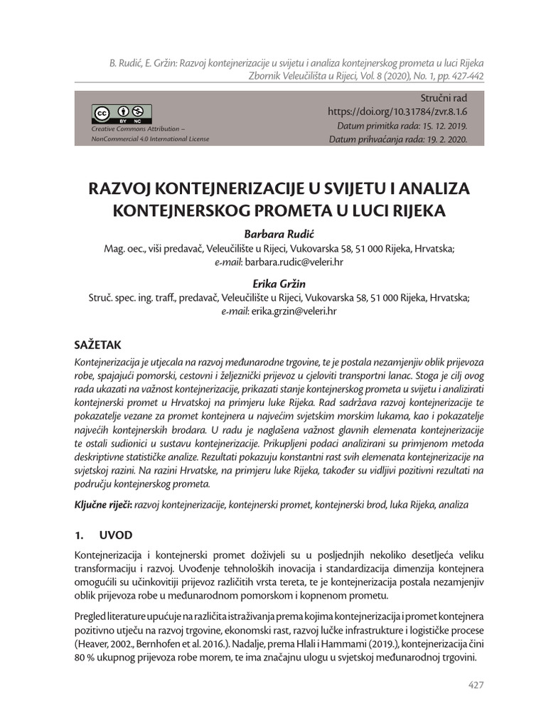 Rudic Grzin Razvoj Kontejnerizacije U Svijetu I Analiza Kontejnerskog Prometa U Luci Rijeka | PDF