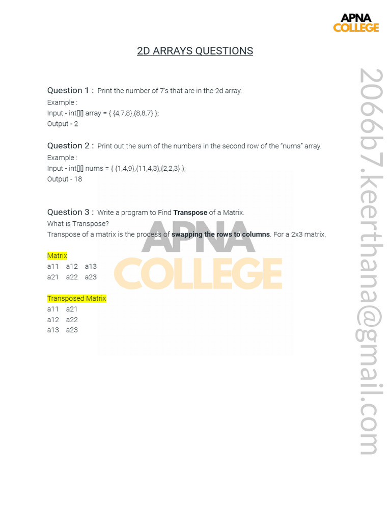 2D Arrays Questions | PDF