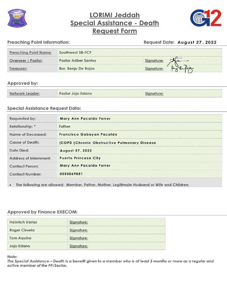 Death Assistance Form Sis Mary ANn | PDF