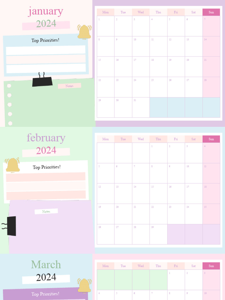 Pastel Colorful Playful Cute Planner Monthly Yearly Calendar 2024 | PDF