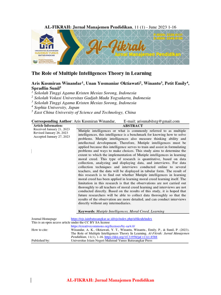 The Role of Multiple Intelligences Theory in Learn | PDF | Teachers ...