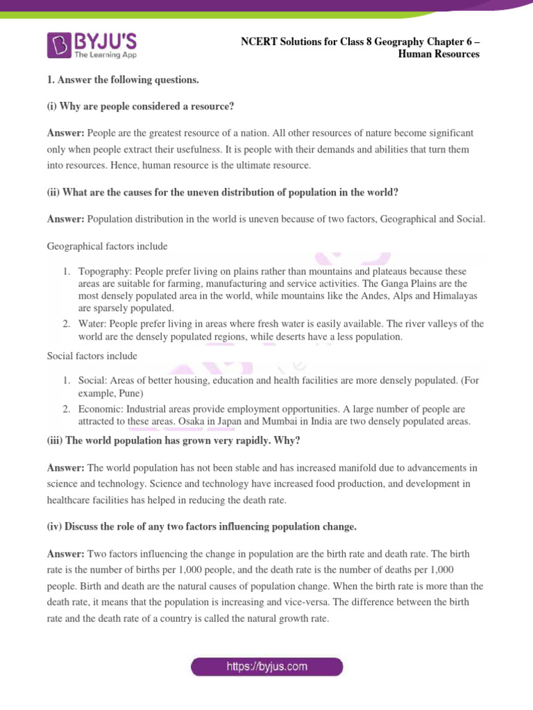 NCERT Solutions For Class 8 Geography Chapter 6 Human Resources | PDF