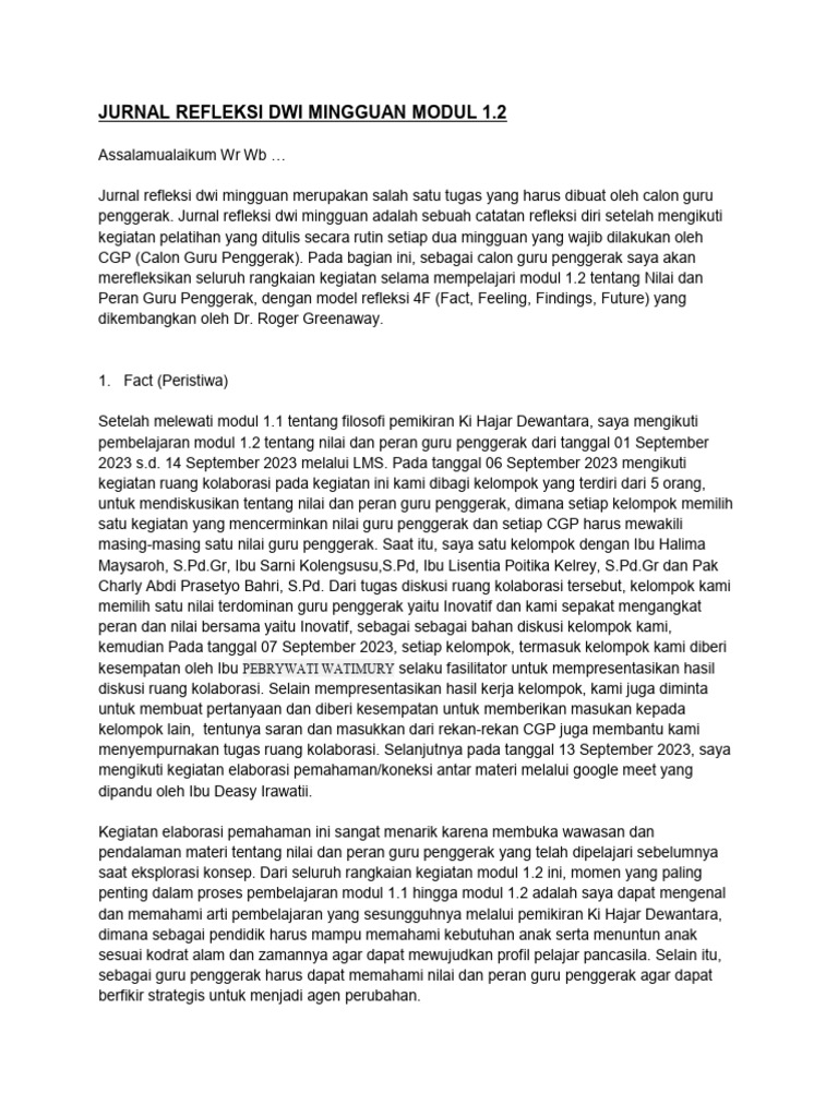 Jurnal Refleksi Dwi Mingguan - Modul 1.2 Nilai Dan Peran Guru Penggerak | PDF