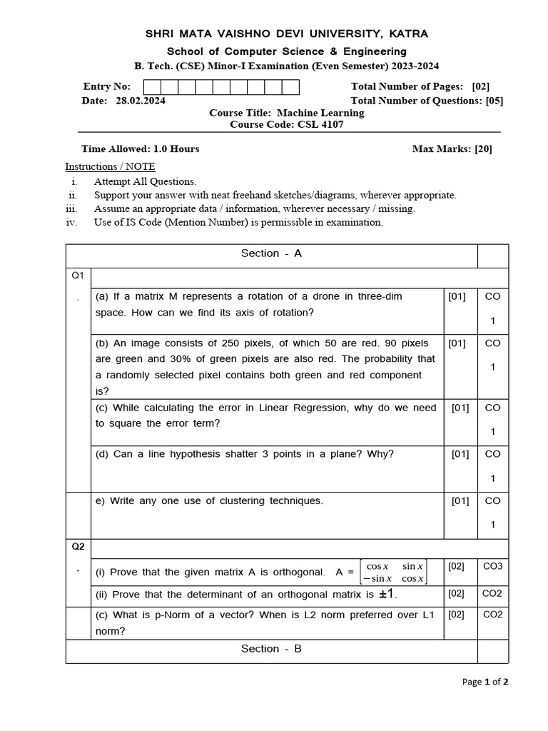 Machine Learning Exam Paper 2024 | PDF | Matrix (Mathematics ...
