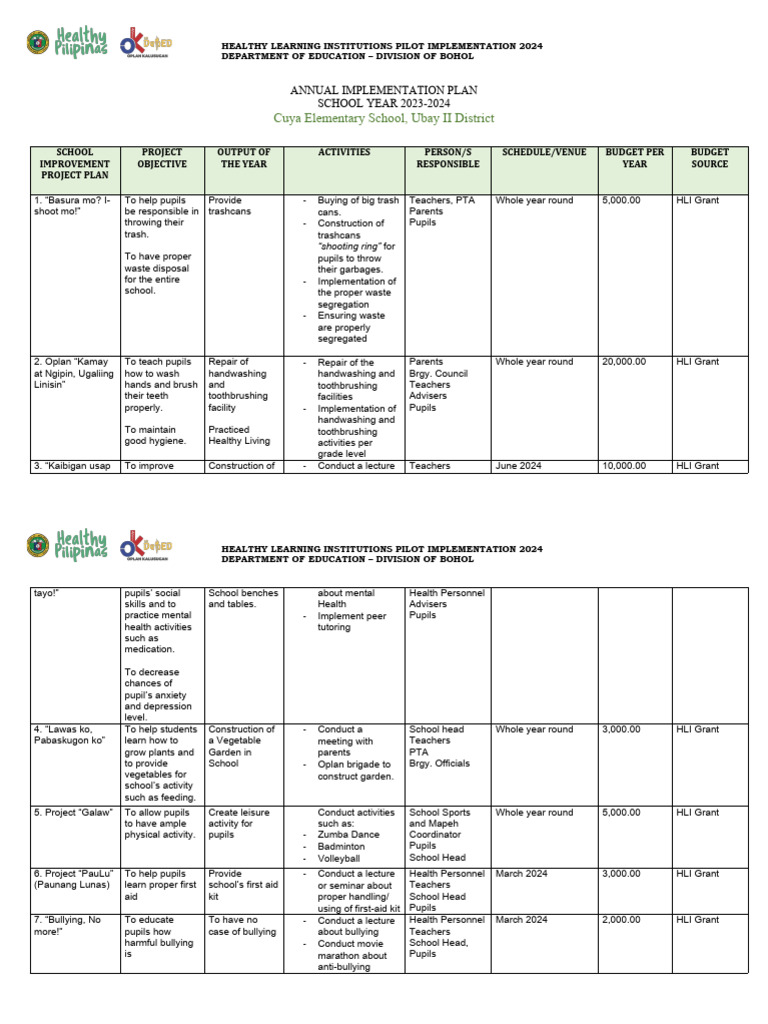 Healthy Learning Institutions Plan 2024 | PDF | Hand Washing | Bullying