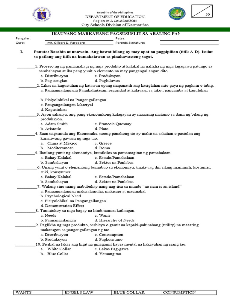 Ap9 1ST Quarter 50 Items With Answer Key | PDF