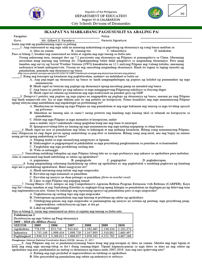 Ap9 4TH Quarter 50 Items With Answer Key | PDF